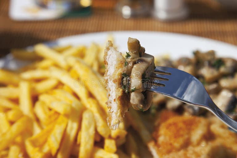 Schnitzel with Mushrooms and Chips Stock Image - Image of fries, meat ...