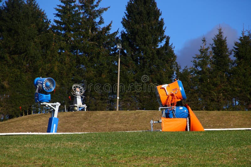 Schoeneck, Germany - February 25, 2024: Snow Cannons at Ski World ... Schoeneck, Germany - February 25, 2024: Snow Cannons at Ski World ...