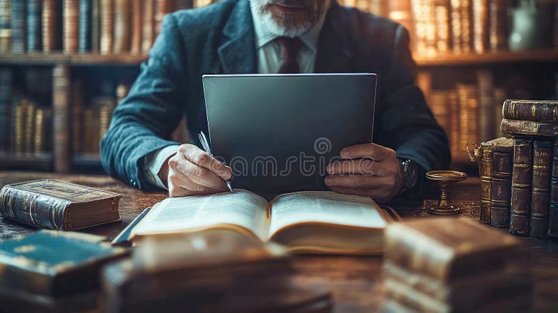 A Scholar in a Library, Focused on Reading an Old Book while Taking ...