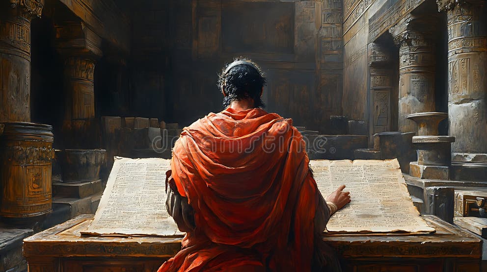 Scholar Reading Ancient Scrolls in Grand Library Stock Illustration - Illustration of literature ...