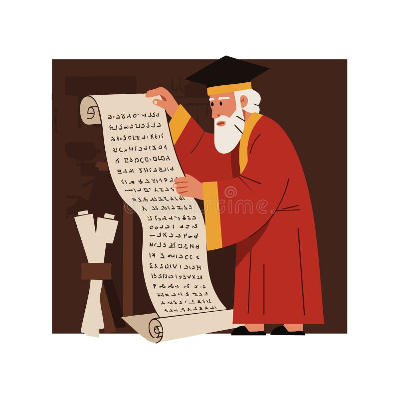 Scholar in Traditional Robe Reading Ancient Scroll Vector Illustration ...