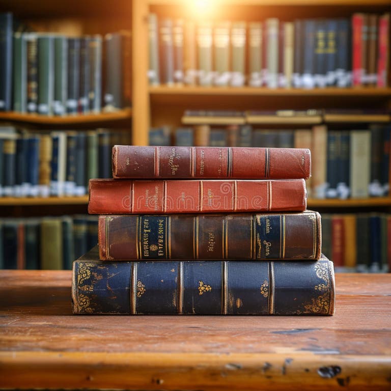 Scholarly Collection Book Stack on a Wooden Table Background Stock ...