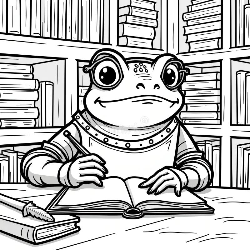 Scholarly Frog Reading Book in Library Study Stock Illustration ...