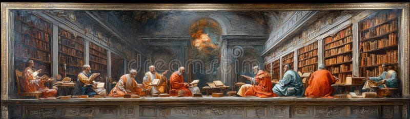 Scholars in Ancient Library Engaged in Study and Discussion Stock ...