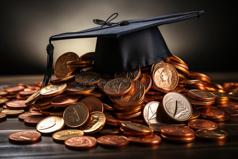 Scholarship Dreams, Graduation Hat with Coins on White Backdrop Stock ...