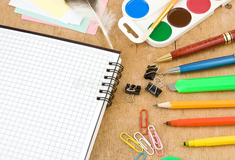 School Accessories and Checked Notebook on Wood Stock Image - Image of ...