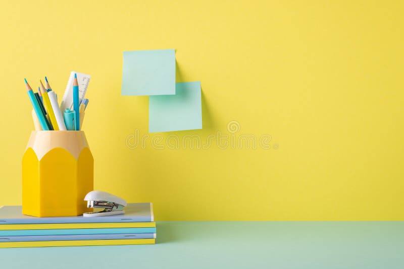 School Accessories Concept. Photo of Stationery on Blue Tabletop Stack ...