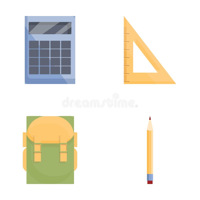 School Accessory Icons Set Cartoon . Backpack Calculator Ruler and ...