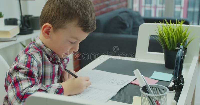 School Age Boy Studying Alone. Schoolboy Writing Exercise Doing ...