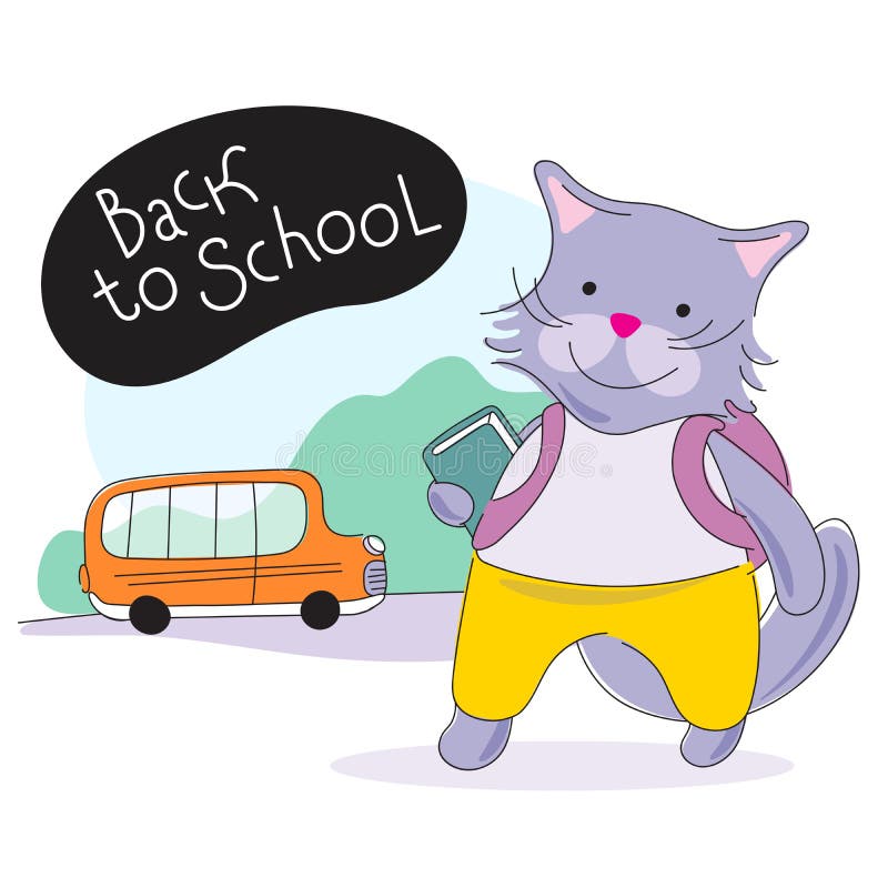Student cat and school bus stock illustration. Illustration of ...
