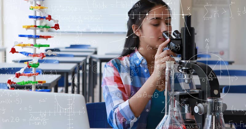In School, Asian Girl Using Microscope in Science Classroom, Focused on ...