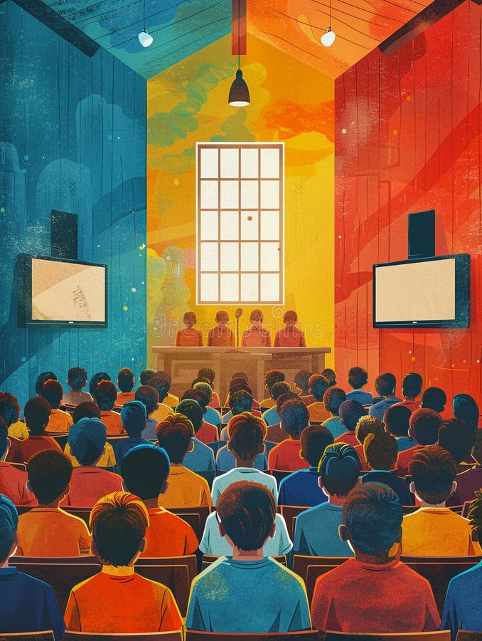 School Assembly with School Uniforms Flat Design Top View Auditorium ...