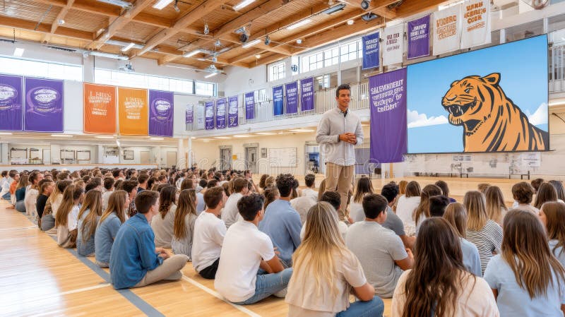 School Assembly with Speaker and Large Screen in a Gymnasium Setting ...