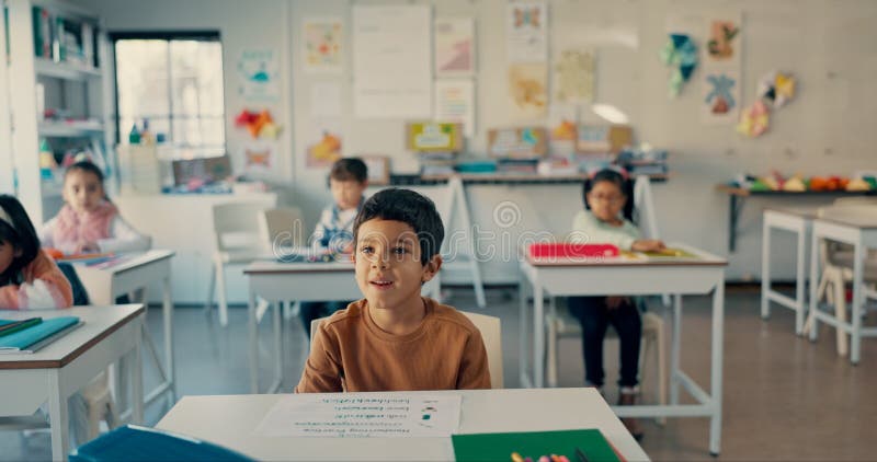 School, Attention and Kids in Classroom with Notebook, Growth and ...