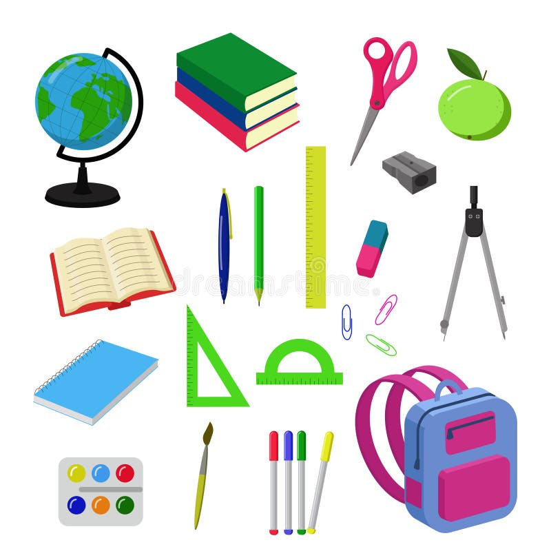 School Attributes Set. Cartoon Vector Illustration Stock Illustration ...