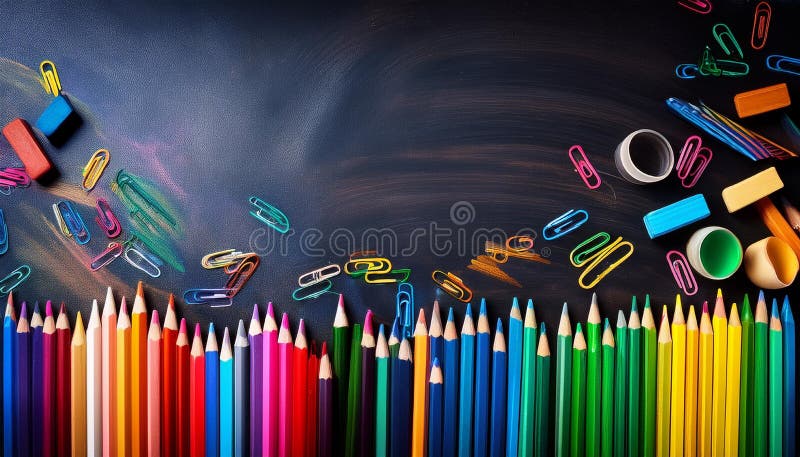 School Background with Coloring Crayons, Drawing on Blackboard ...