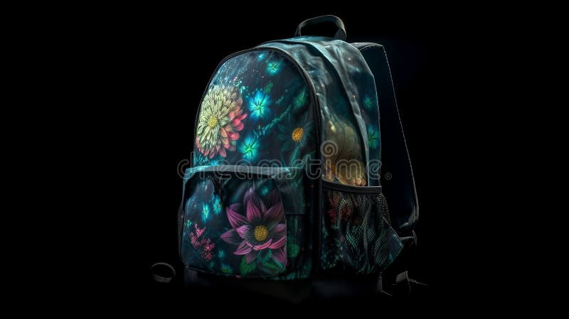 School Backpack on a Black Background Painted with Flowers Generative ...