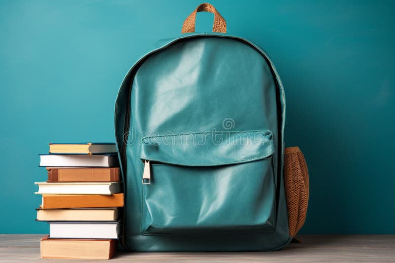 School Backpack with Books on Blue Background, Back To School Concept ...