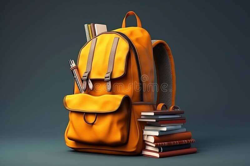 School Backpack with Books and Pencil on Orange Background. 3d ...