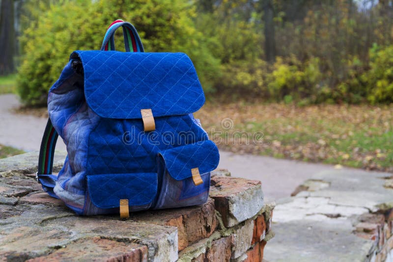 School Backpack on Brick Wall Against the Forest Stock Photo - Image of ...