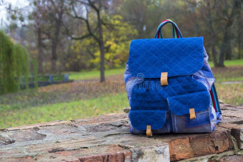 School Backpack on Brick Wall Against the Forest Stock Photo - Image of ...