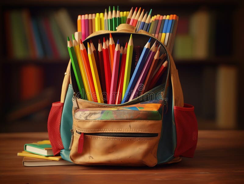 School Backpack Full of Colored Pencils for Back To School Stock ...