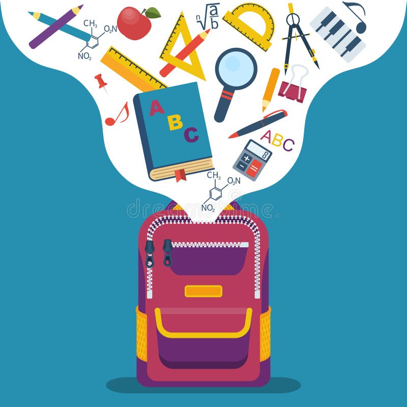 School Backpack with Items. Student Bag with Class Items Stock ...