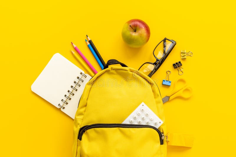 School Backpack with School Items and Students Equipment, Top View ...