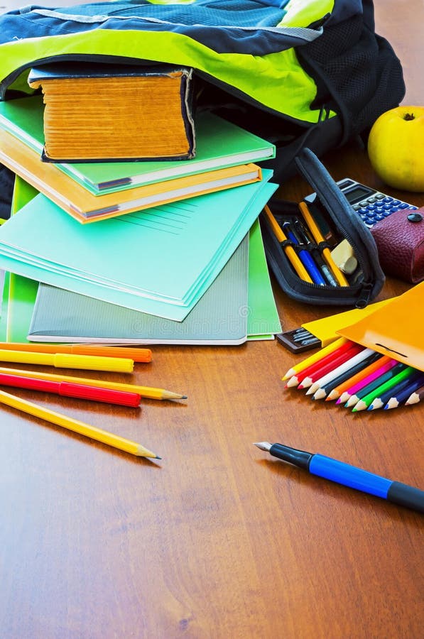 School Backpack and Its Contents Stock Photo - Image of mathematics ...