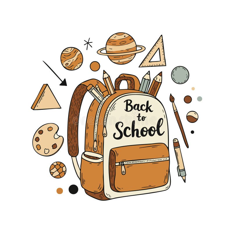 School Backpack with Pencils and Planets Educational Vector ...