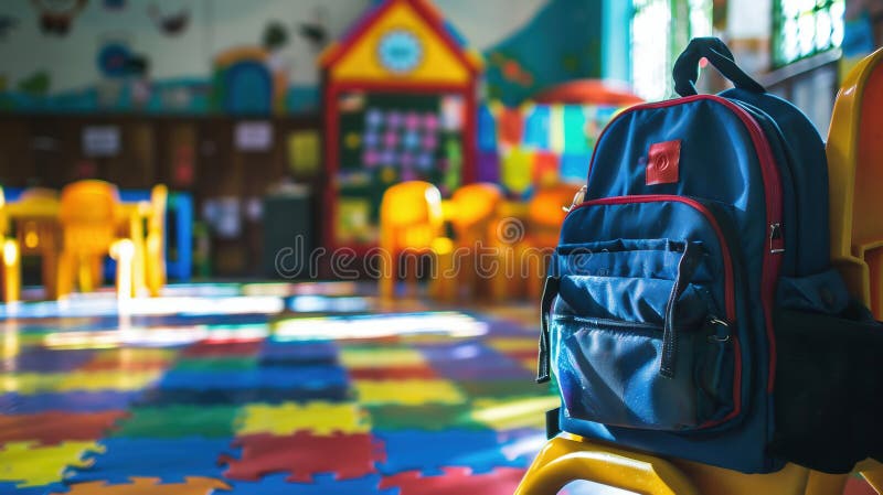 A School Backpack Stands on the Underside in the Room, a Kinder Garden ...
