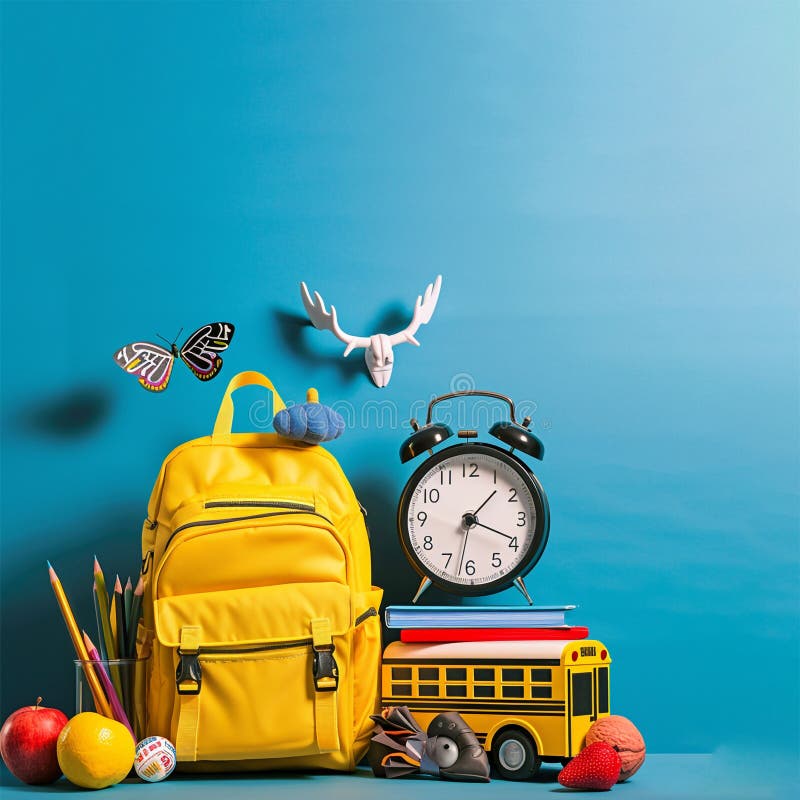 School Backpack with Stationery on Table in Classroom. a Yellow Bag ...