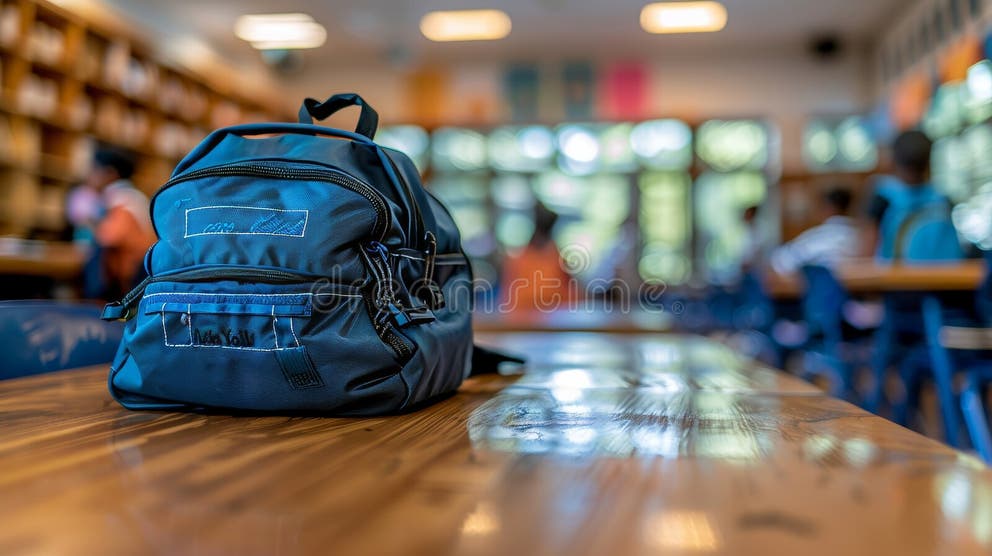 School Backpack on Table with Blurred Classroom of Children in ...
