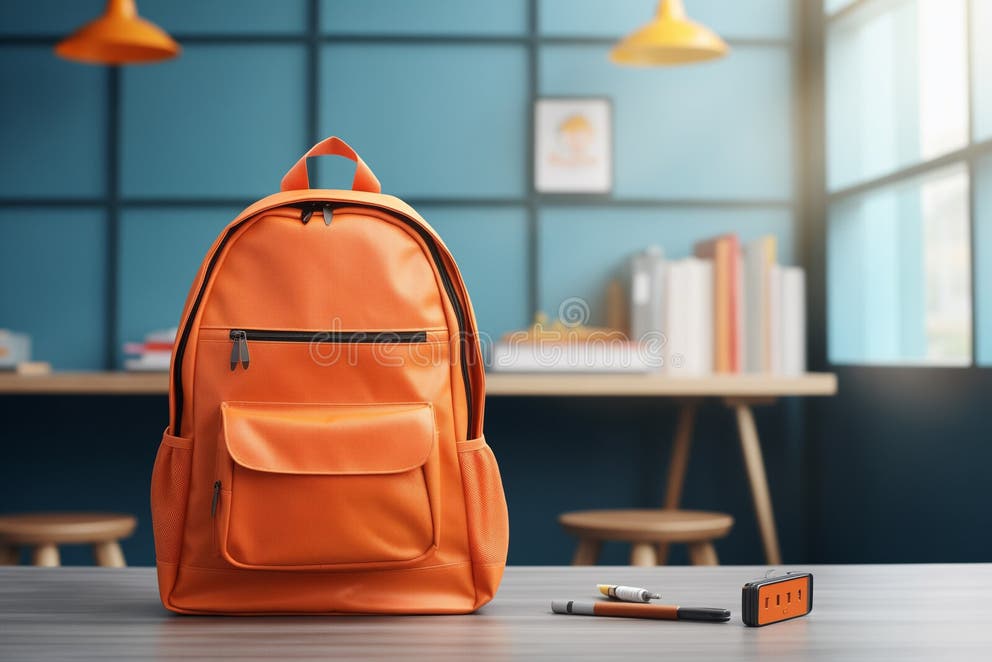 School Backpack on the Table in Classroom Stock Illustration ...