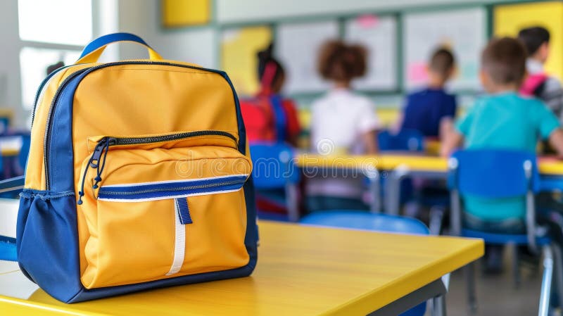 School Backpack on Table in Classroom with Blurred Kids, Emphasizing ...