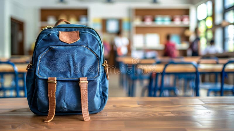 School Backpack on Table with Classroom of Kids in Background Back To ...