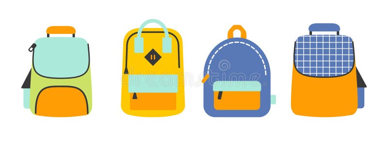 School Backpacks Set Cartoon Flat Illustrations. Isolated on White ...
