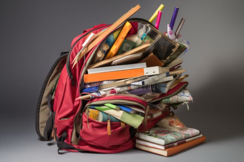 School Bag Bursting with Books, Notebooks, and Pens Stock Illustration ...