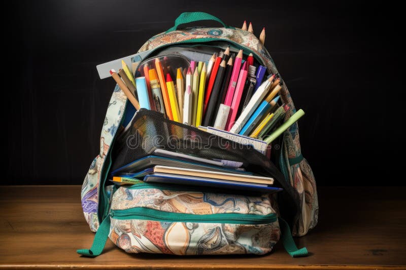 School Bag Bursting with Books, Notebooks, and Pens Stock Photo - Image ...