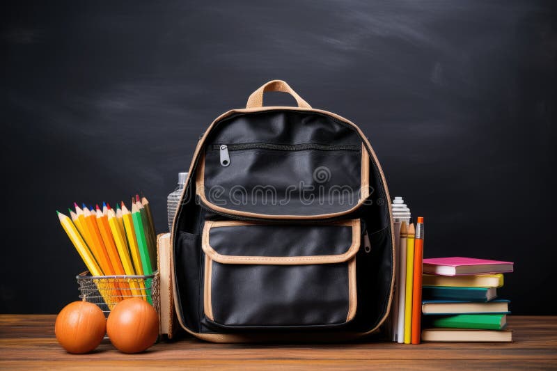 School Bag and Textbooks in Front of a Blackboard on a School Desk ...
