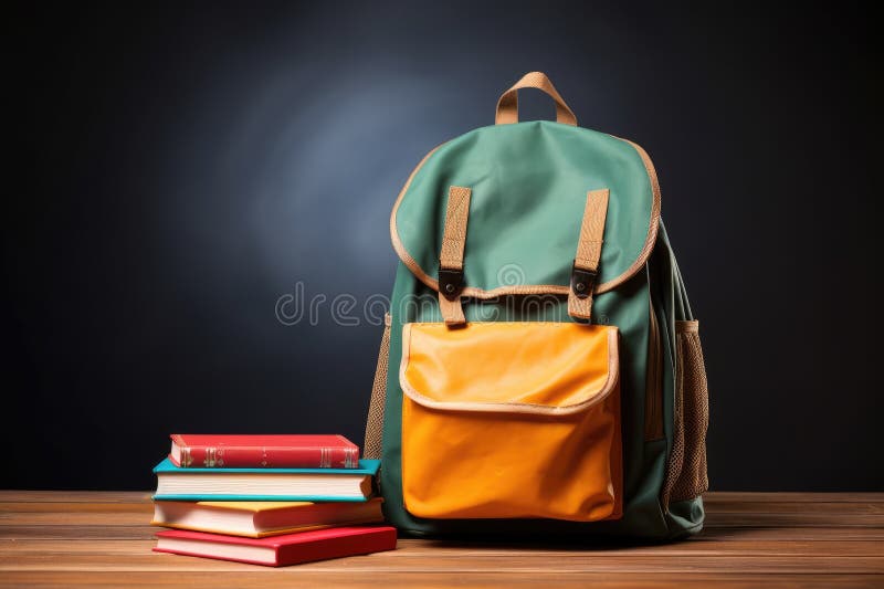 School Bag and Textbooks in Front of a Blackboard on a School Desk ...