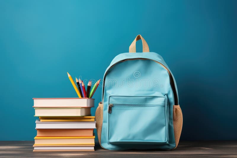 School Bag and Textbooks in Front of a Blue Background. Back To School ...