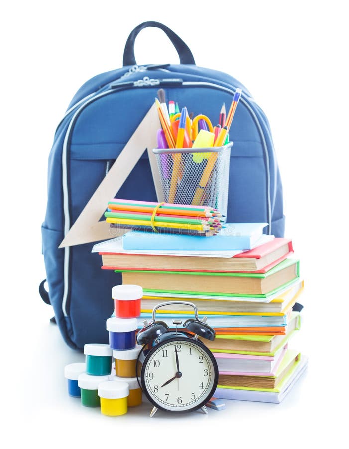 School Bag with Stationery and Notebooks in Front of Blackboard. Back ...