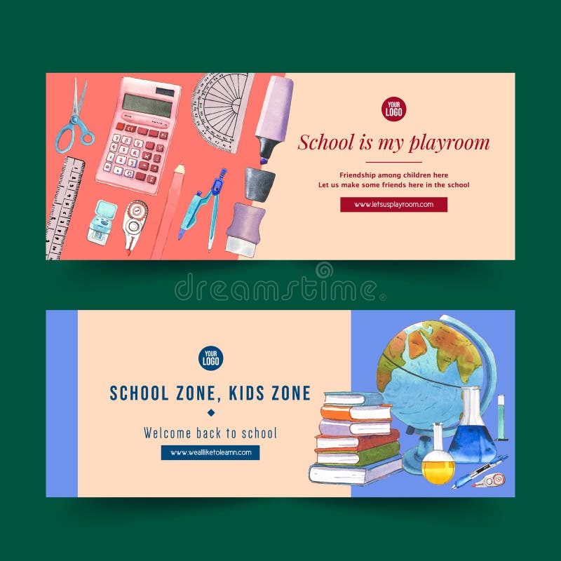 School Banner Design with Ruler, Compasses Watercolor Illustration ...
