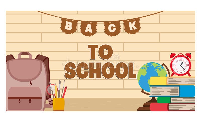 School Banner. Desktop Globe, Stack of Books with Alarm Clock, Backpack ...