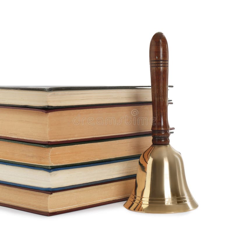 School Bell with Wooden Handle and Stack of Books on White Background ...