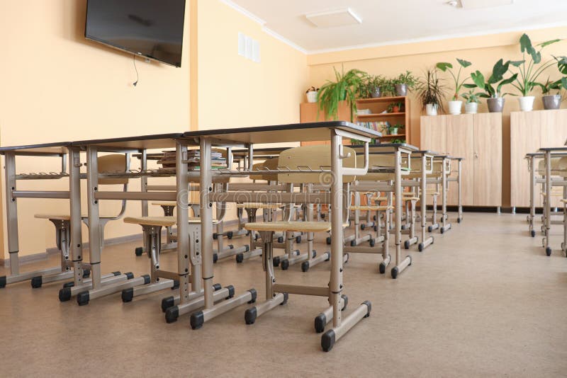 School Benches in the Middle or High School Classroom Stock Photo ...