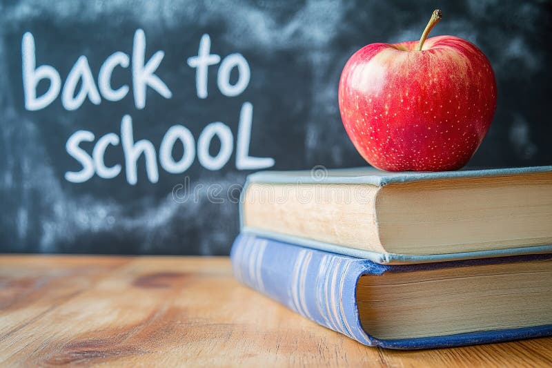 School Books with Apple on Desk. Back To School Stock Image - Image of ...
