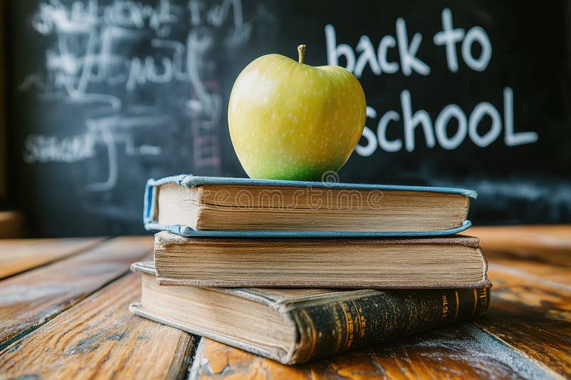 School Books with Apple on Desk. Back To School Stock Photo - Image of ...