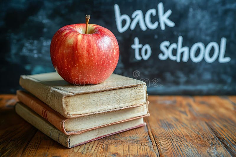 School Books with Apple on Desk. Back To School Stock Image - Image of ...